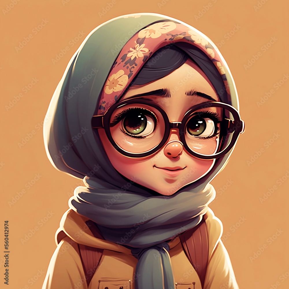 Cute chibi girl with glass wearing hijab Stock Illustration | Adobe Stock