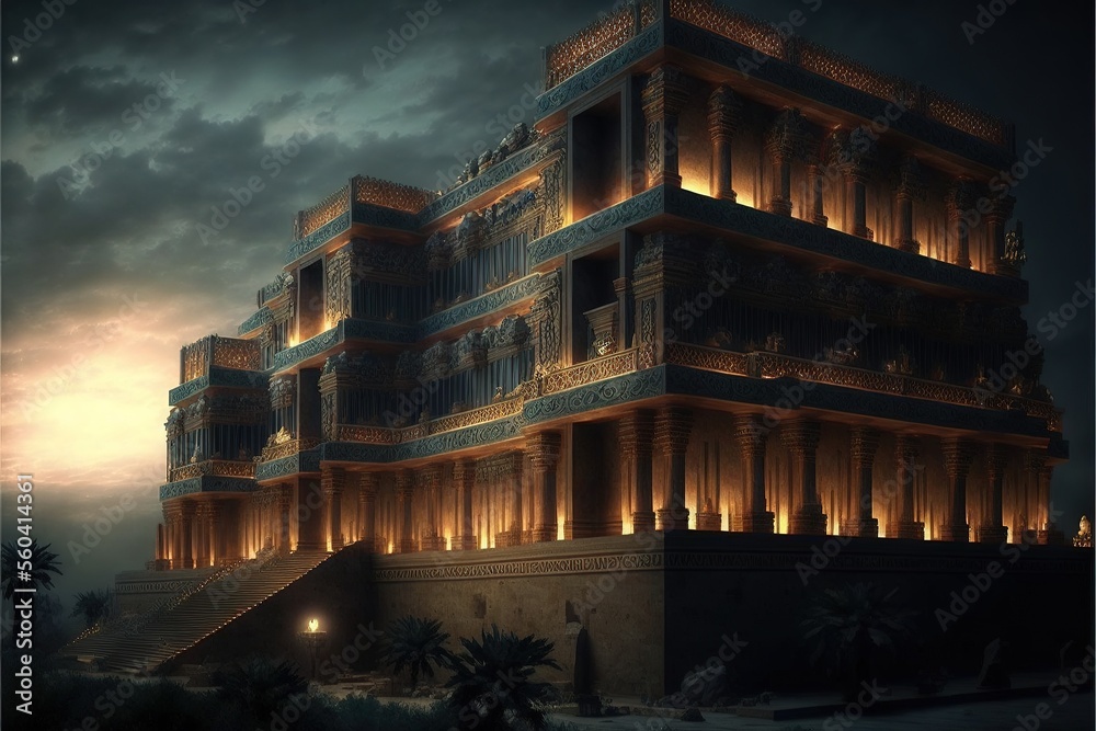 Architecture of Ancient Babylon, ancient temple, neon illumination ...