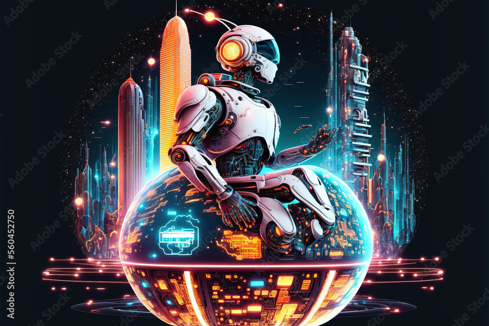 Robot standing at the interactive table with hologram of smart city ...