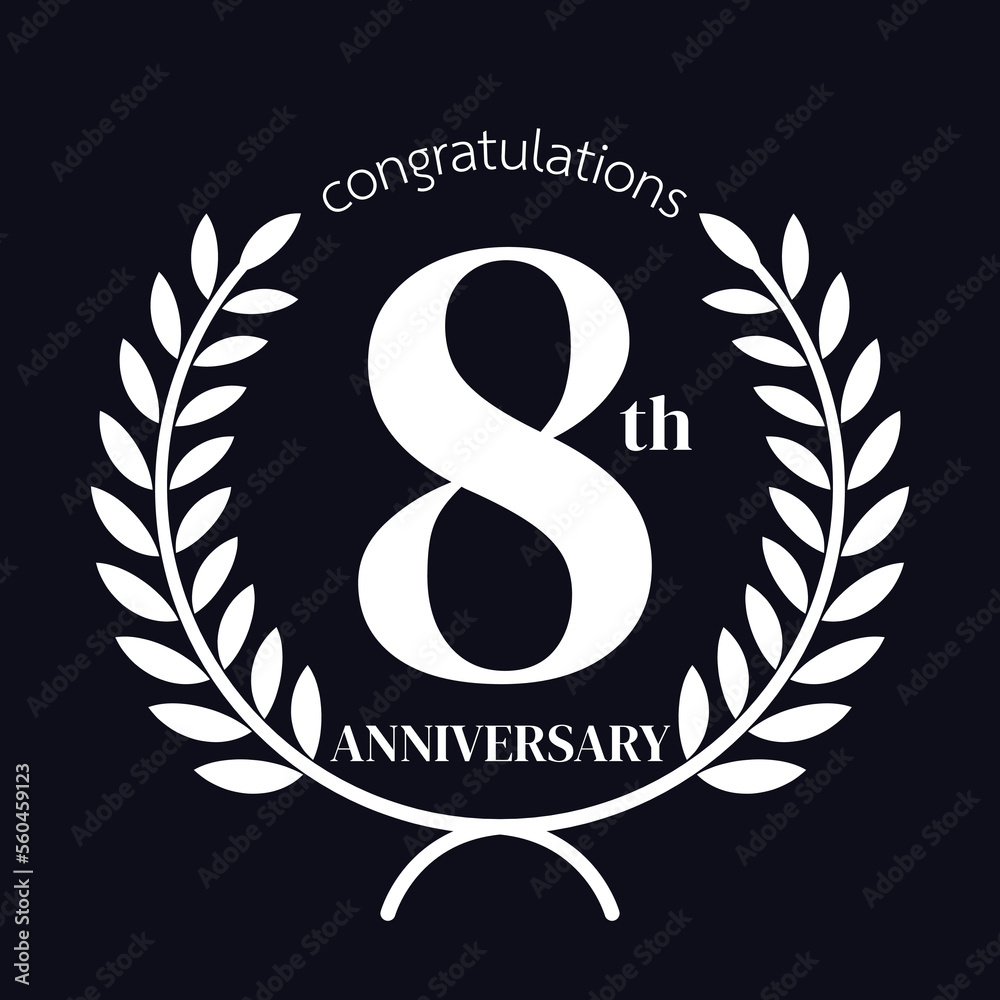 8th anniversary logo,with Laurel Wreath ,black and white style. Vector ...