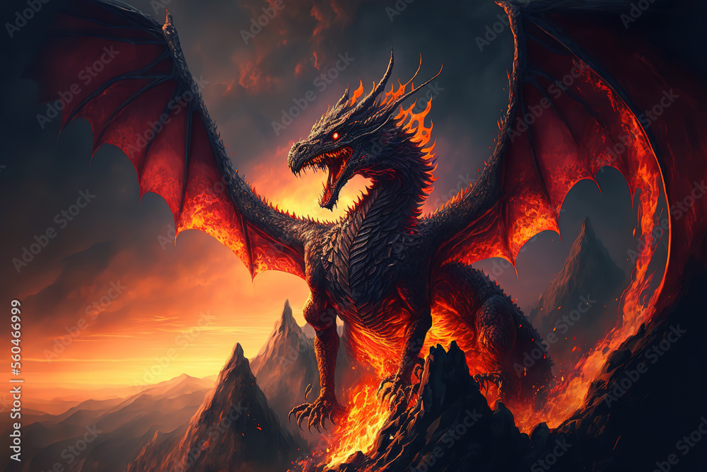 Fire breathes explode from a giant dragon in a black night, the epic ...