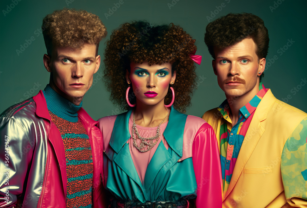 1980s vintage fashion portrait. Man and woman group with retro 80's ...