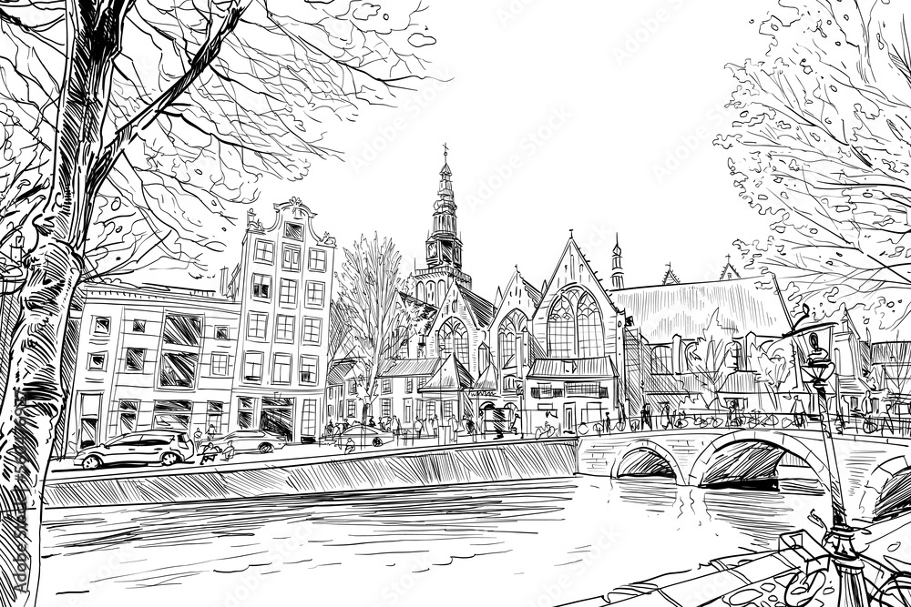 City drawing sketch. Holland. Netherlands. Hand drawn vector art ...