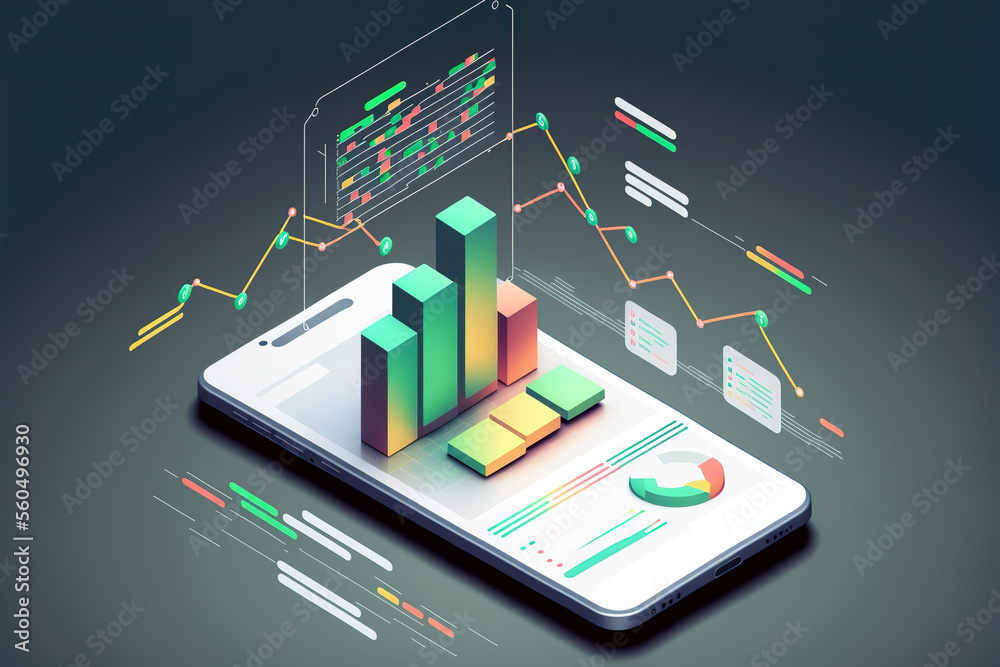 Application of Smartphone with business graph and analytics data on isometric mobile phone ...