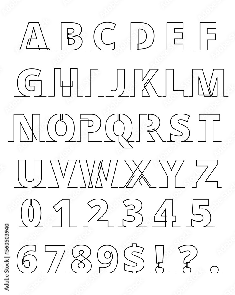 continuous line font - letters and numbers thin line - PNG image with ...