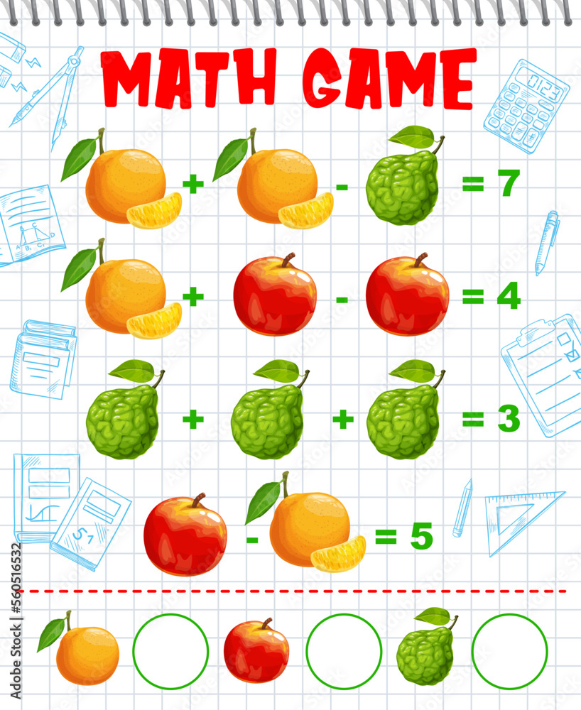 Orange, bergamot and peach fruits math game worksheet, education maze ...