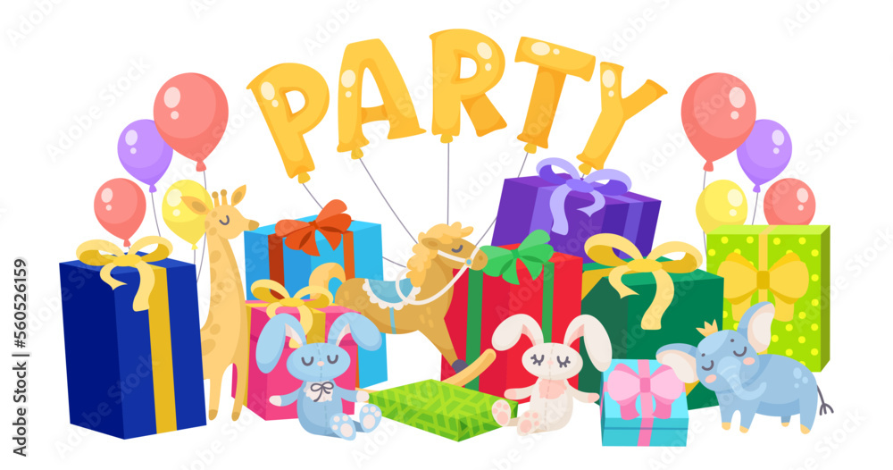Gift boxes, toys and balloons for children vector illustration. Cartoon ...