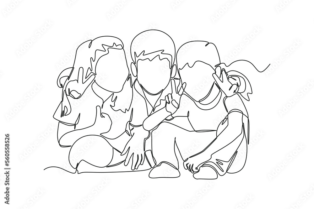Continuous one line drawing Three little friends embrace. Hangouts With ...