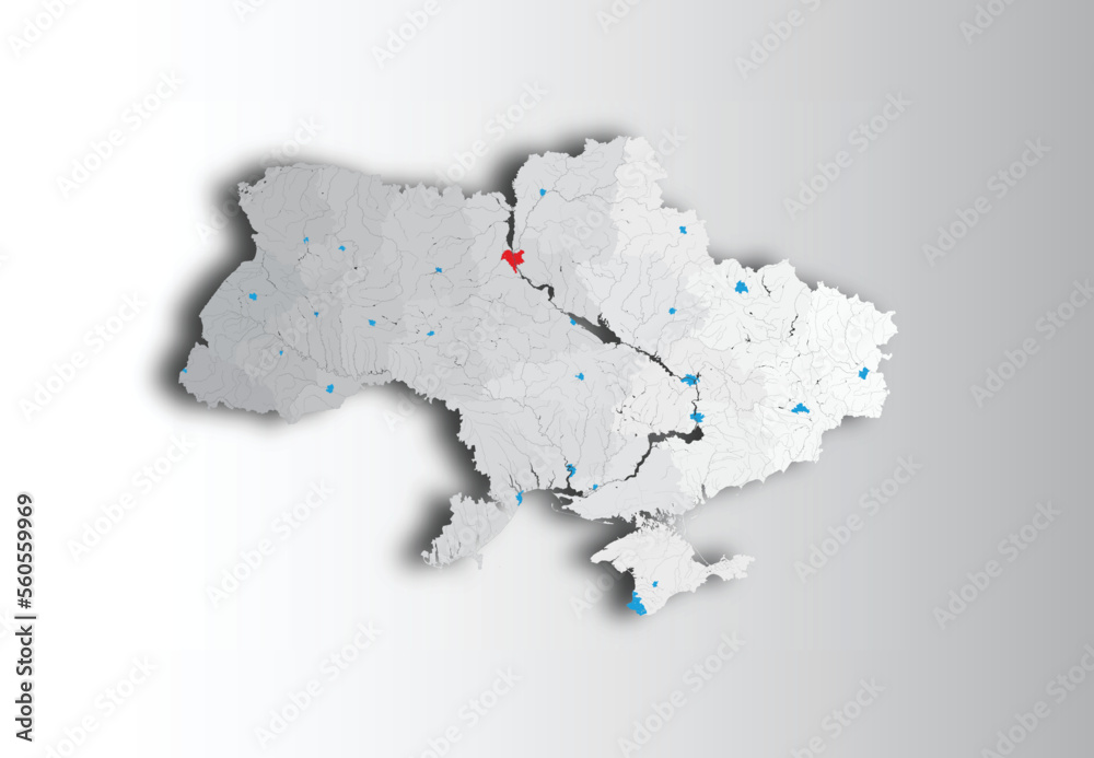 Map of Ukraine with rivers and lakes. The map shows oblasts and small ...