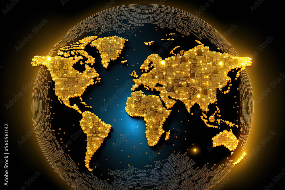 World map with golden bitcoins representing digital currency of the ...