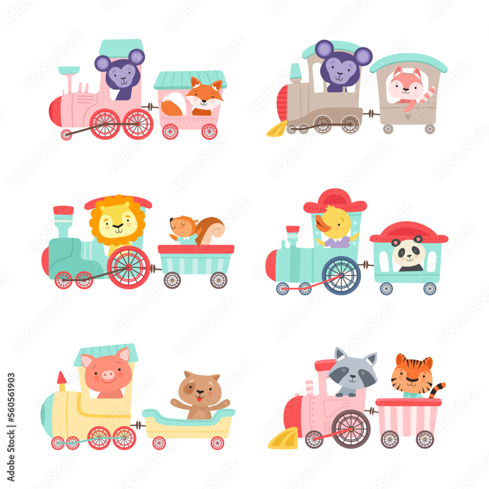 Cute animals riding train set. Little monkey, cat, lion, squirrel ...