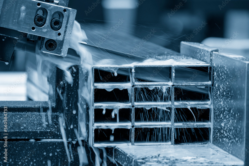 The operation of band saw cutting machine cutting the metal square tube ...