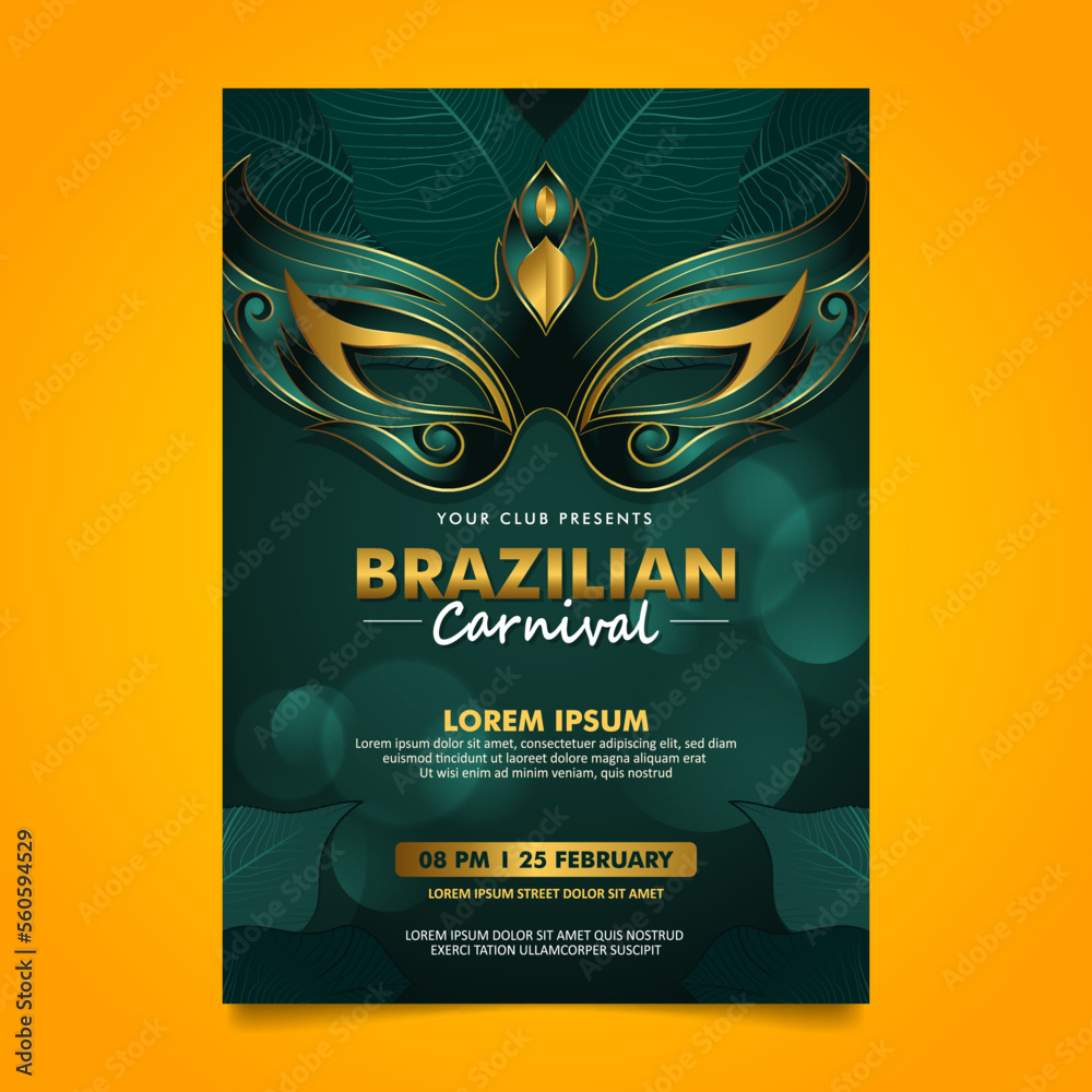 Elegant brazilian carnival flyer poster design with dark green and ...