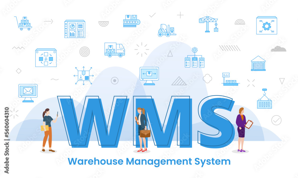 wms warehouse management concept with big words and people surrounded ...