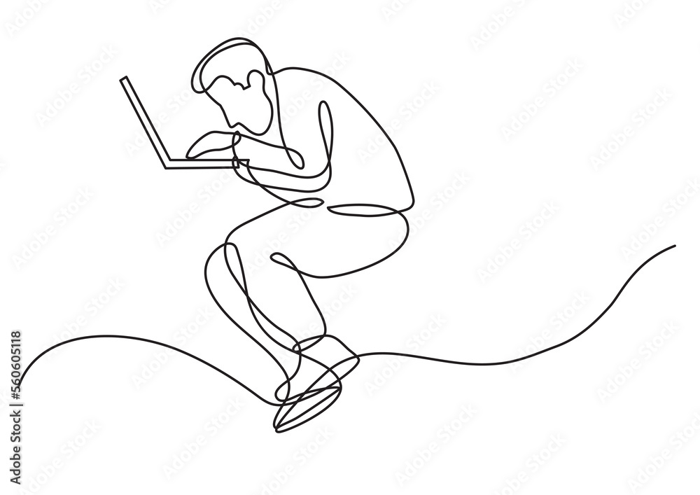 continuous line drawing focused man working on laptop computer - PNG ...