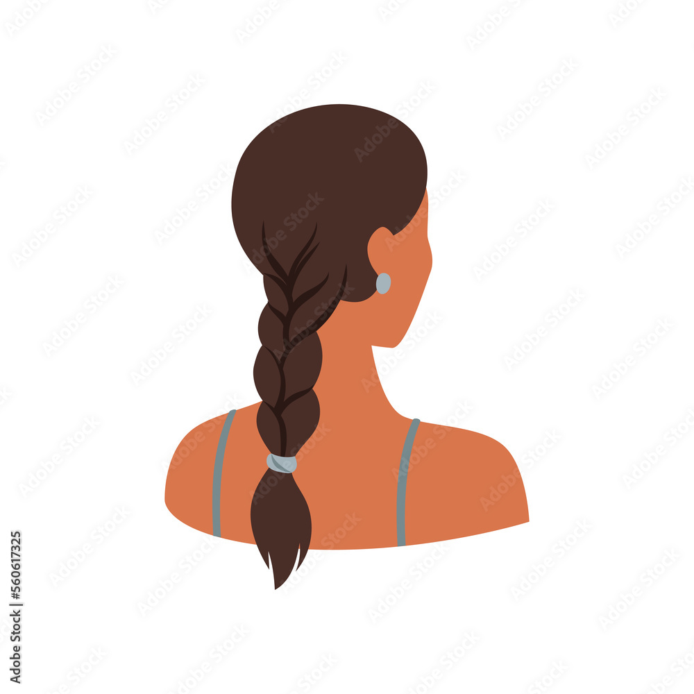 Back view of brunette with long braid vector illustration. Trendy ...