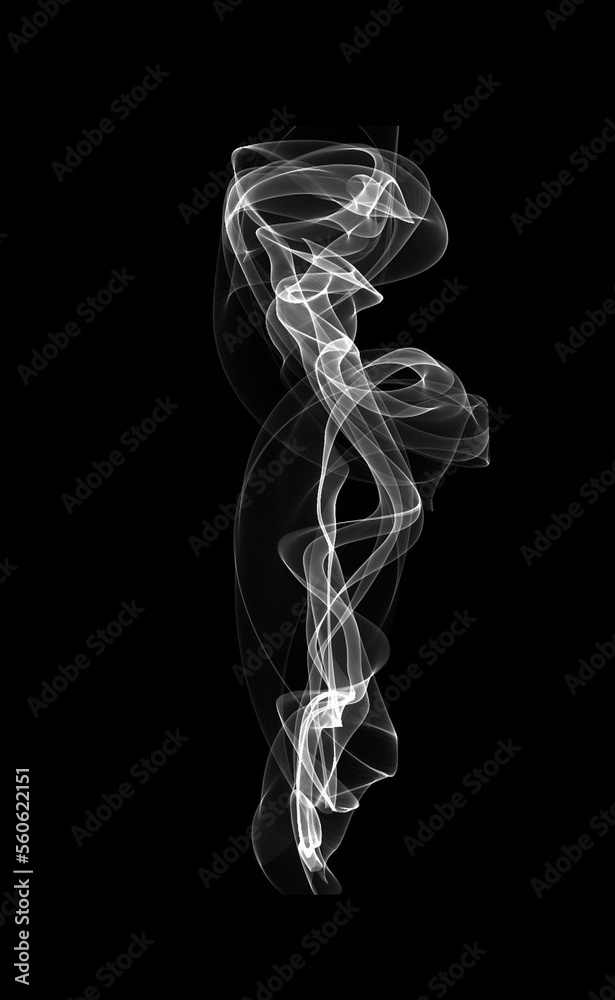 Abstract white puffs of smoke swirls overlay on black background ...