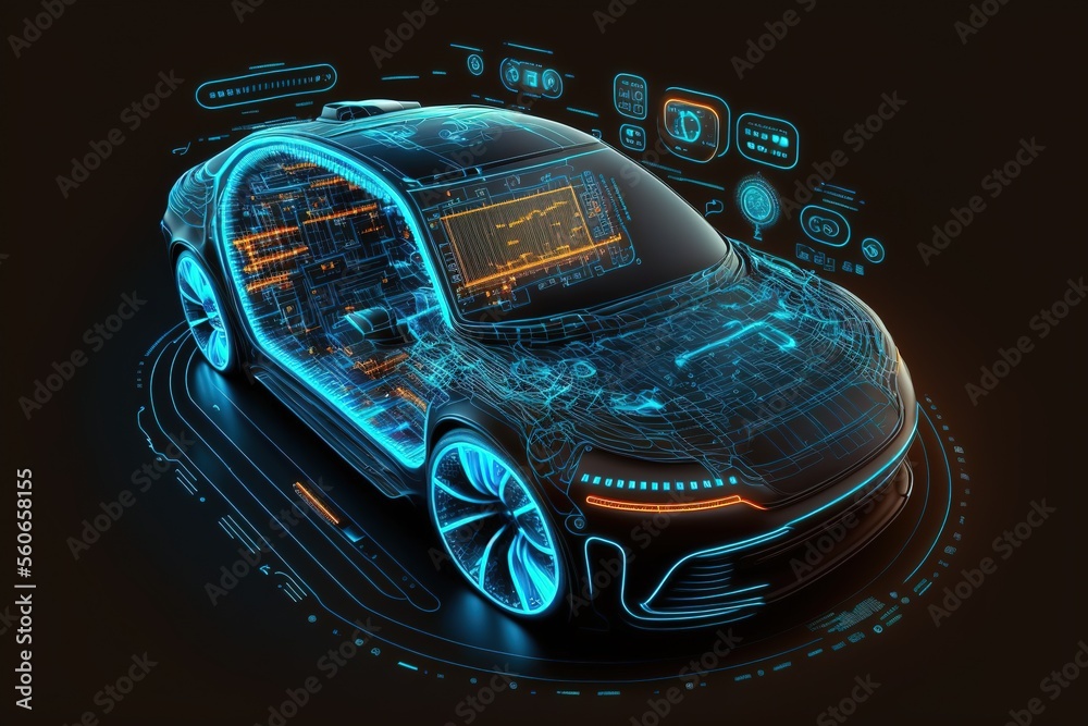 Diagnostic Auto in HUD style. Scan Automobile in 3D visualisation ...