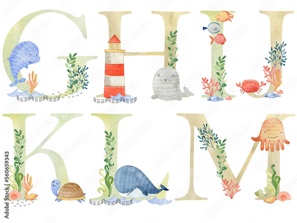Watercolor sea animals letters for invitation card, nursery poster and ...