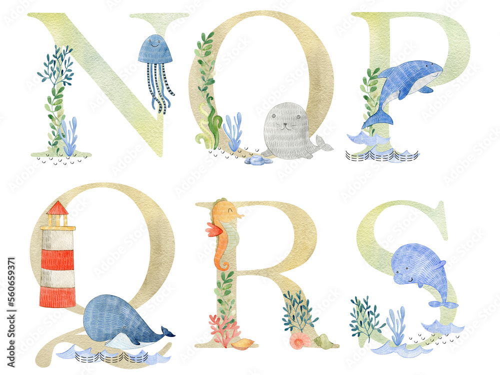 Ilustración de Stock Watercolor sea animals letters for invitation card ...