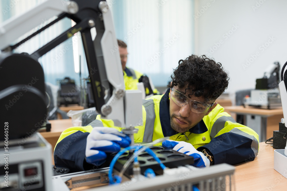 Two male engineers training or maintenance AI Robot and Artificial ...