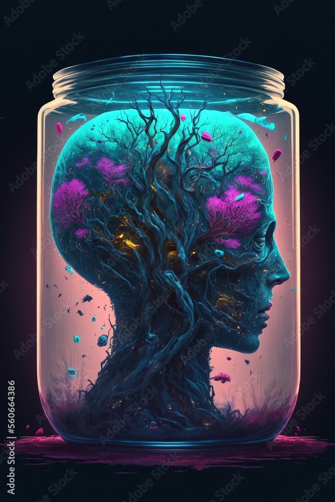 Illustration Stock Laboratory experiment of human brain and alien mutagen combination in glass ...