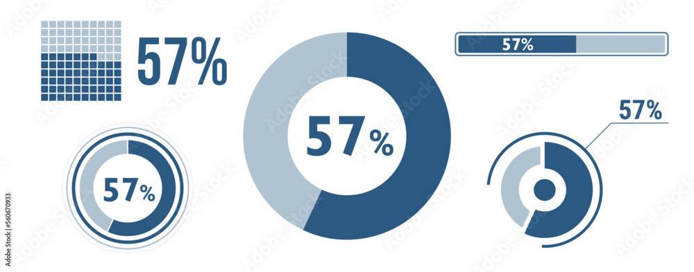57% percentage infographic set. Fifty-seven circle diagram, pie donut ...