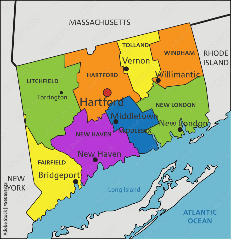 Colorful Connecticut political map with clearly labeled, separated ...