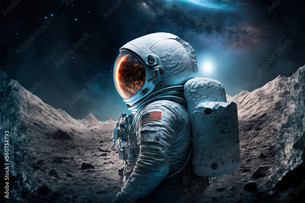 Cosmonaut on a cold snowy moon. An astronaut looks into the cold future ...