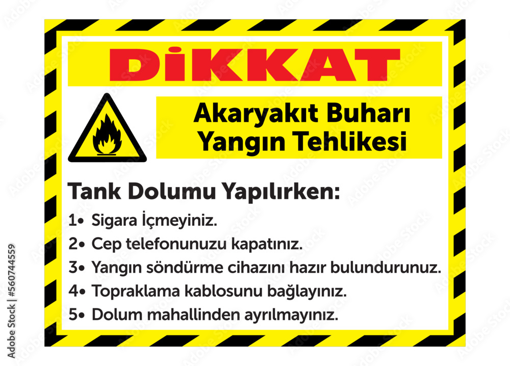 Caution Fuel Vapor Fire Hazard warning sign vector Dikkat Yakit Buhari ...