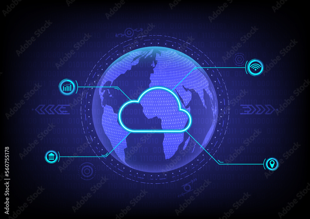 Abstract hi-tech background blue earth dotted map glowing cloud with ...
