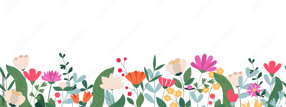 Horizontal seamless banner decorated with blooming flowers and leaves ...