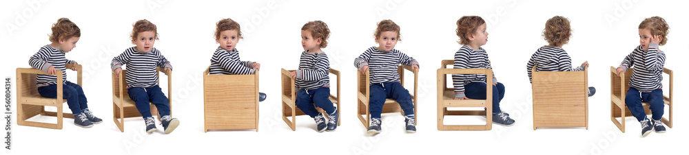 large group of a line of various poses of a same baby boy sitting on ...