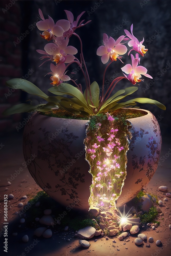 Magical pot with rose orchid flowers in fairyland garden. Fantasy ...