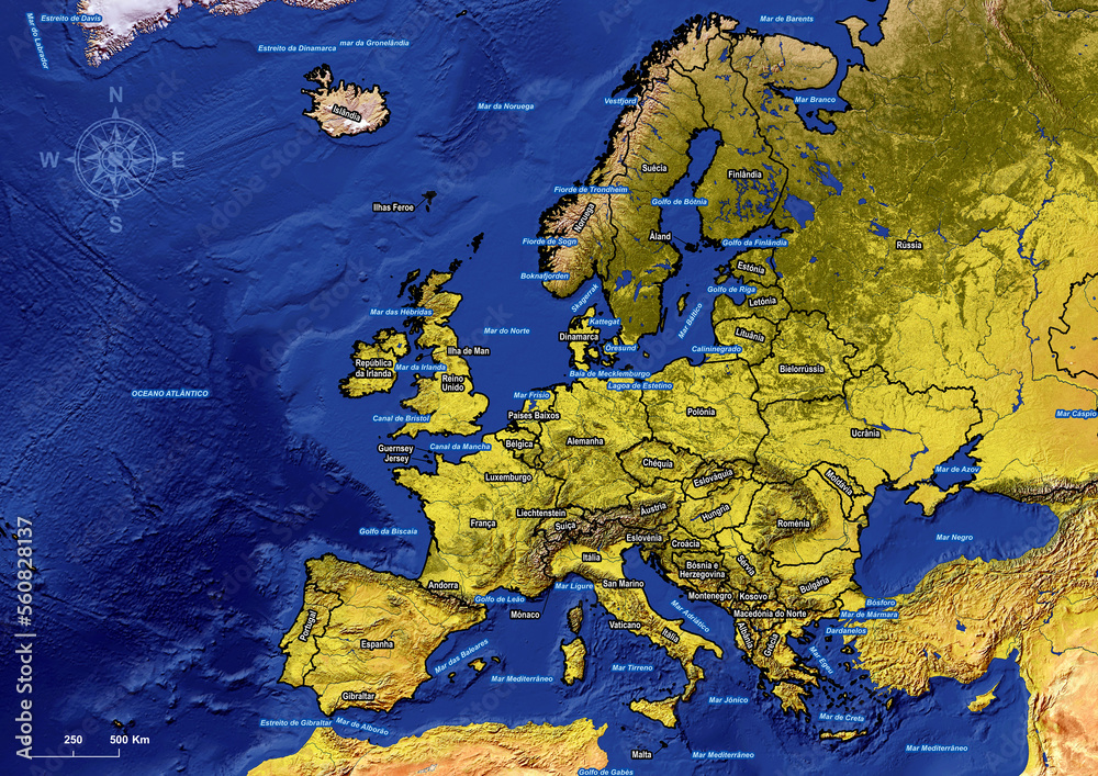 Political Map of Europe with marine areas in portuguese on large ...