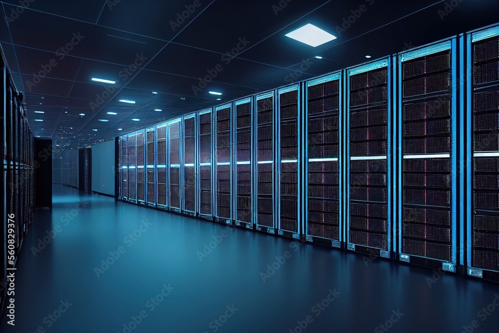 Server racks in computer network security server room data center. 3D ...