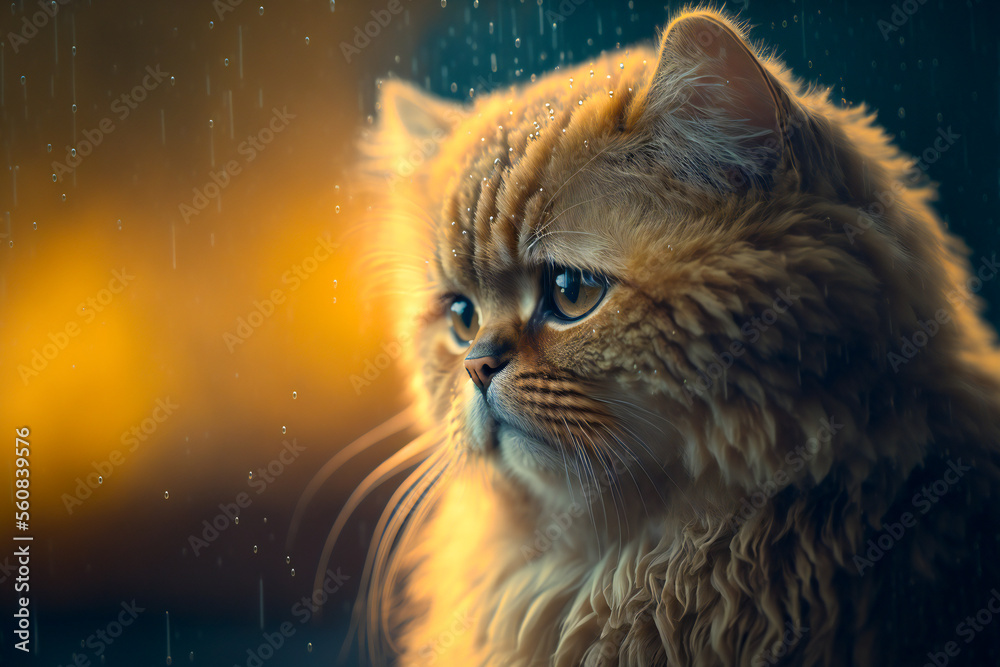 Sad and lonely cat sit in the rain. Alone cat without home. Anxiety and ...