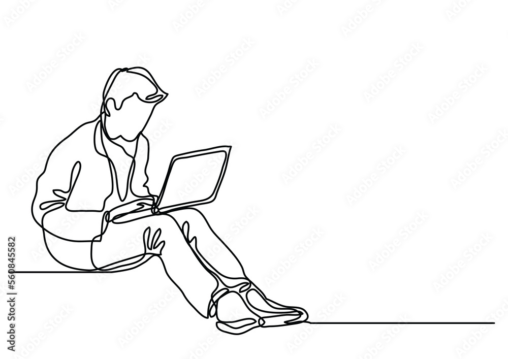 continuous line drawing guy sitting with laptop computer - PNG image ...