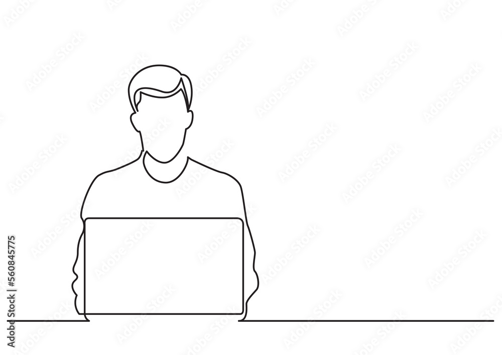 continuous line drawing man sitting behind laptop computer - PNG image ...