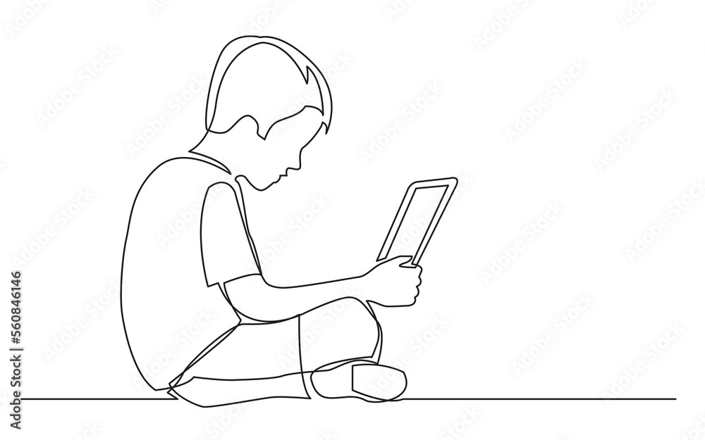 continuous line drawing sitting boy watching laptop computer - PNG ...