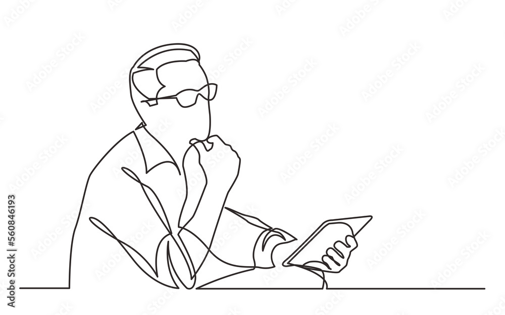 continuous line drawing sitting man planning with tablet - PNG image ...