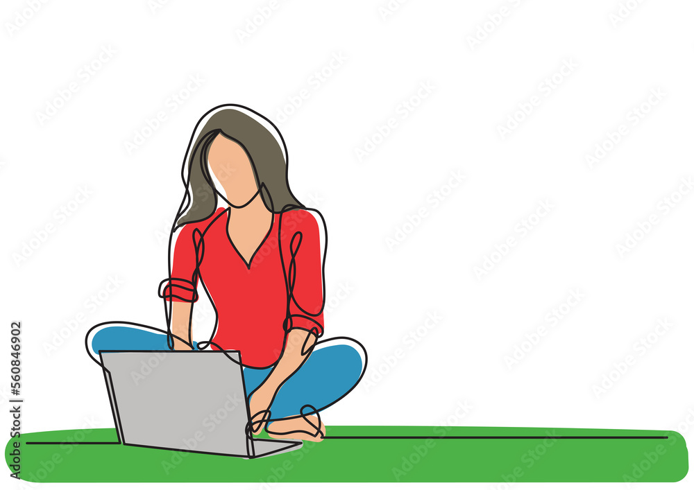 Continuous Line Drawing Woman With Laptop Colored Png Image With