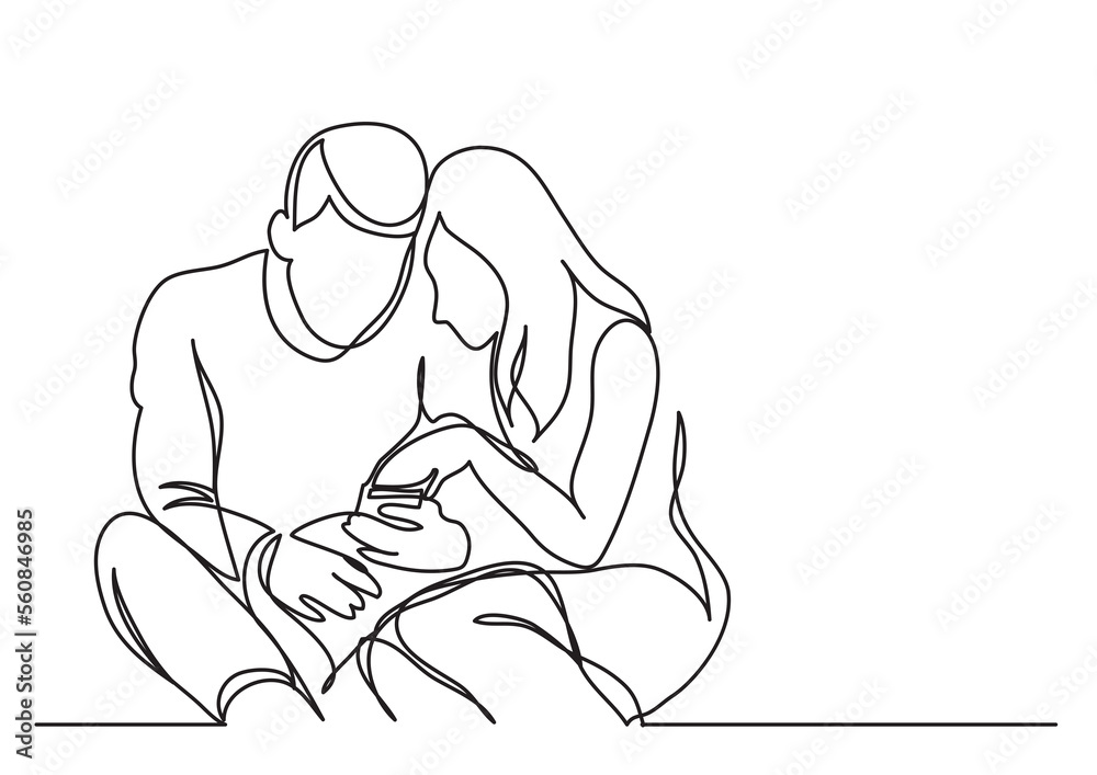 continuous line drawing young couple watching mobile phobe - PNG image ...