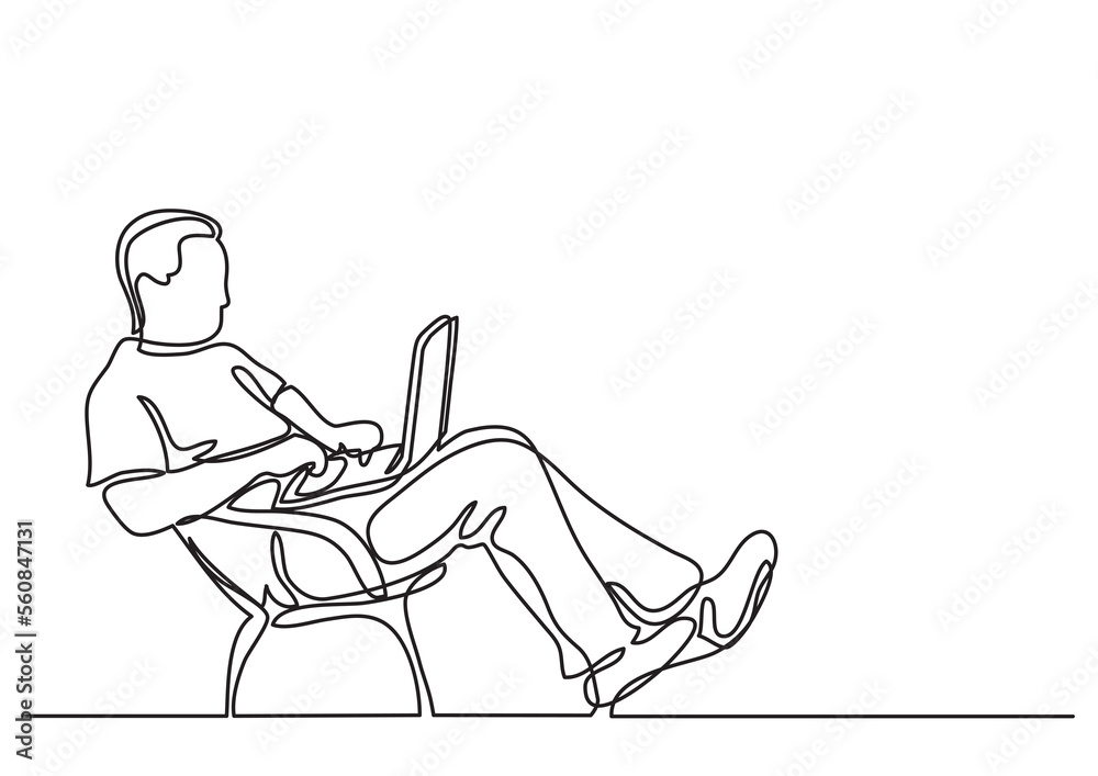 continuous line sitting working on laptop computer - PNG image with ...