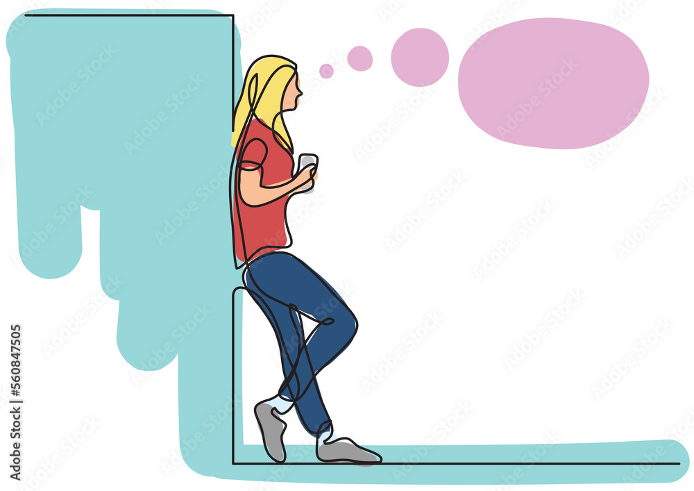 single line drawing young woman standing thinking colored colored - PNG ...