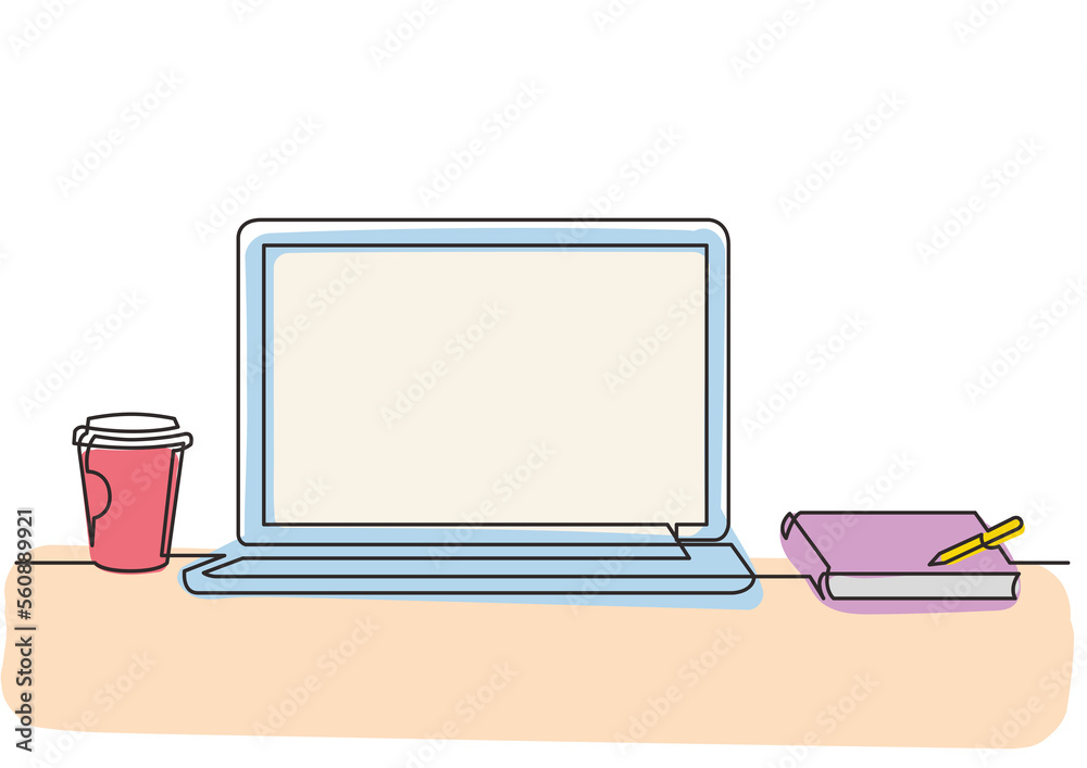 continuous line drawing laptop computer coffee notepad 3 colored - PNG ...