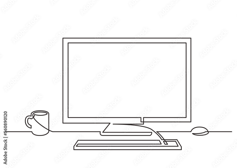 continuous line drawing work desk computer coffee - PNG image with ...
