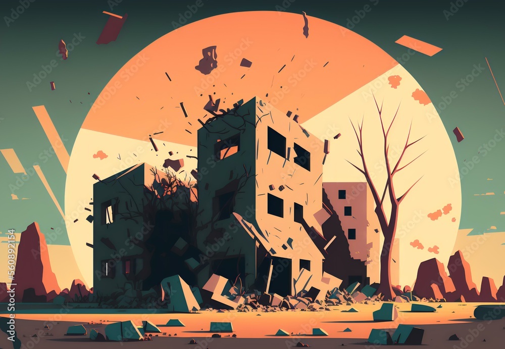 destroyed building, with debris scattered around, showing the immediate ...