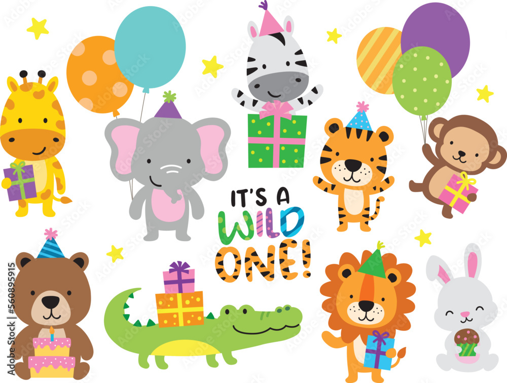 Vector illustration of wild jungle animals having a birthday party ...