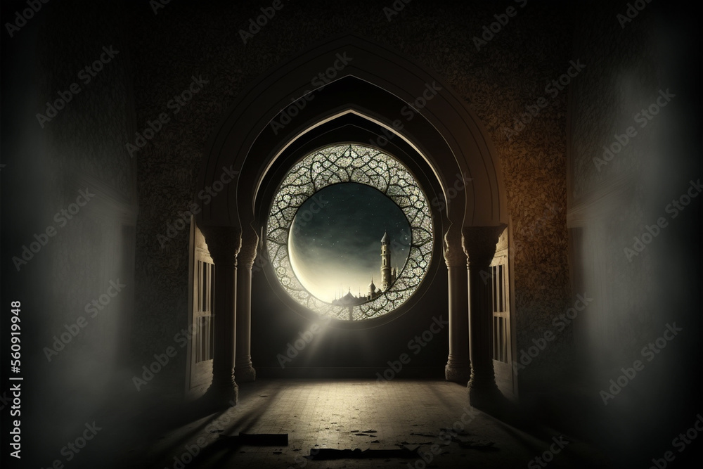 Moonlight shine through the window of an islamic mosque. Festive ...